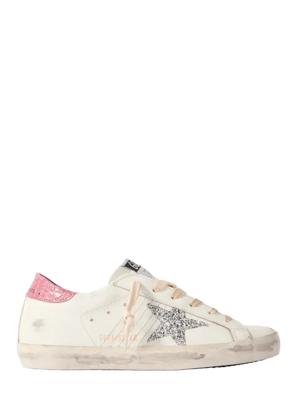 GOLDEN GOOSE Super-star Distressed Glittered Leather Sneakers - White