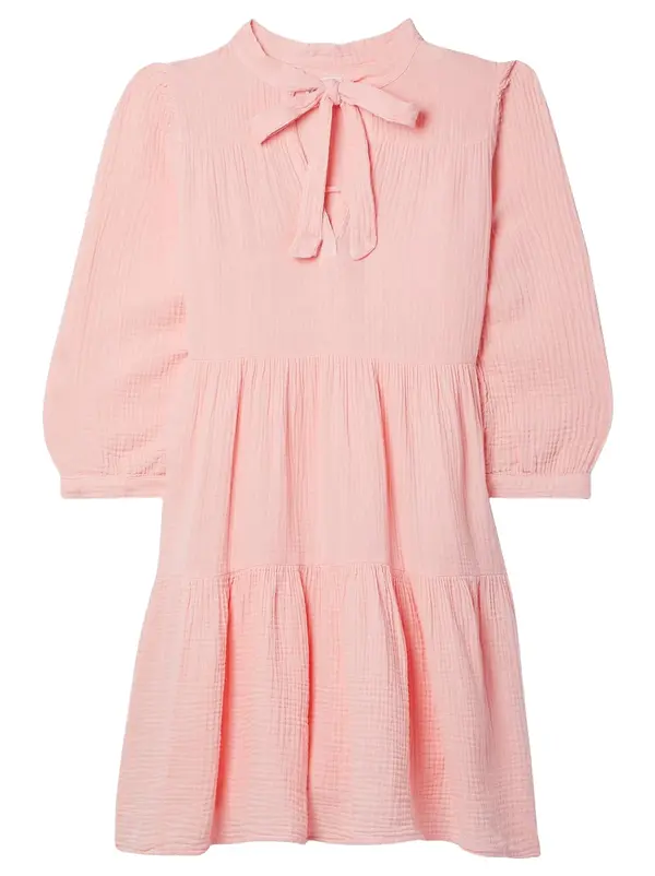 Honorine Giselle Bow-detailed Tiered Cotton-seersucker Mini Dress - Pastel Pink