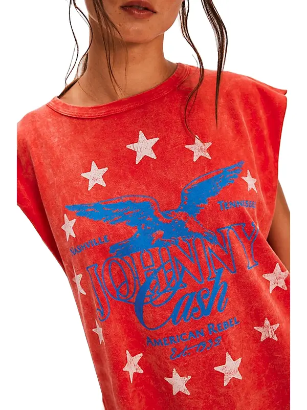Daydreamer Johnny Cash Muscle Tank Top - Red Acid Wash
