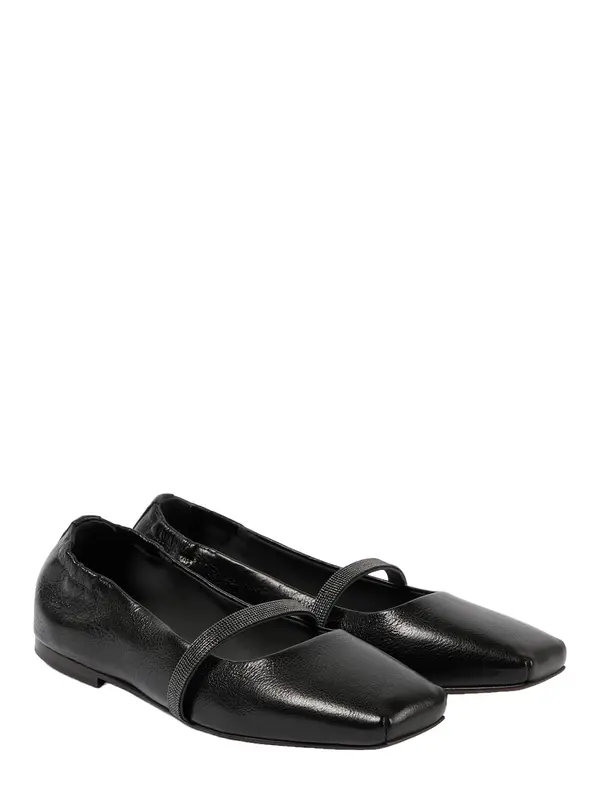 Brunello Cucinelli Monili Leather Mary Jane Flats - Black