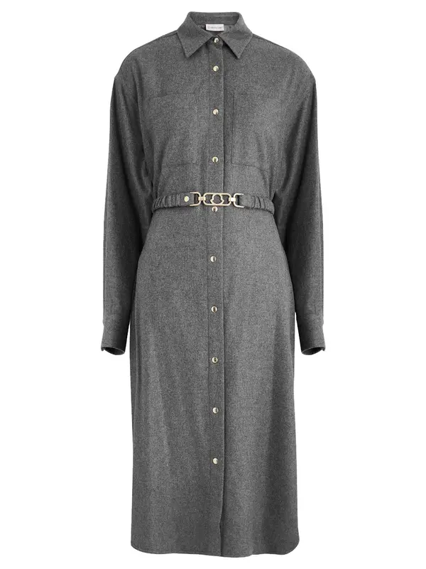 Moncler Belted Wool-blend Midi Shirt Dress - Grey