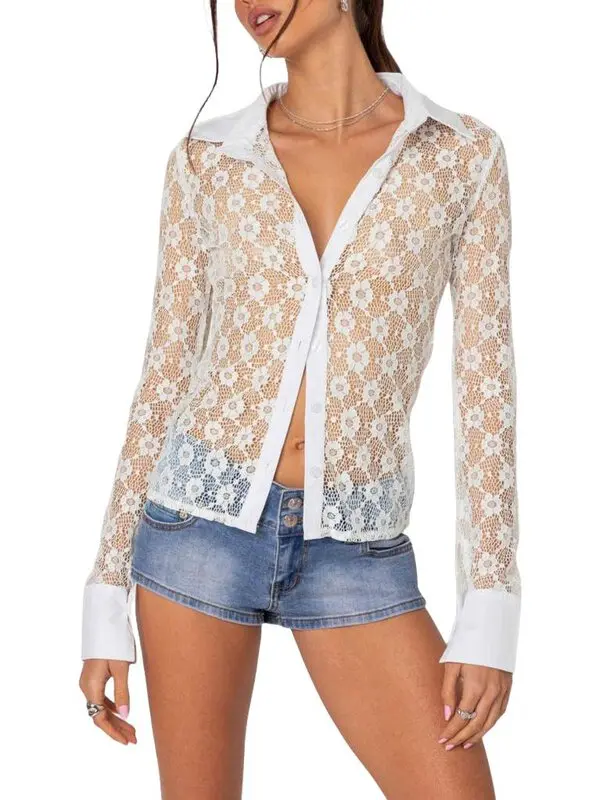 EDIKTED Cecilia Floral Lace Button-up Top - White