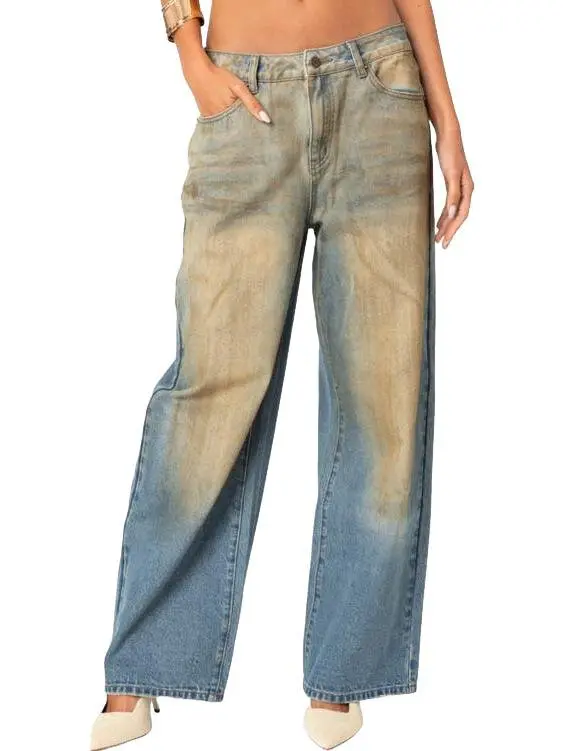 EDIKTED Muddy Wash Wide Leg Jeans - Blue-washed