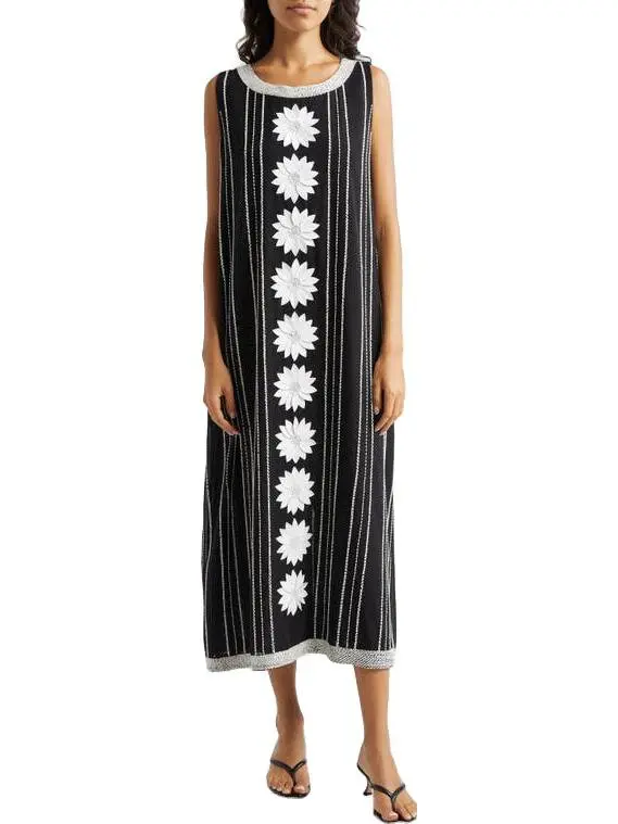 La Vie Style House Daisy Bead Stripe Embellished Midi Dress - Black White