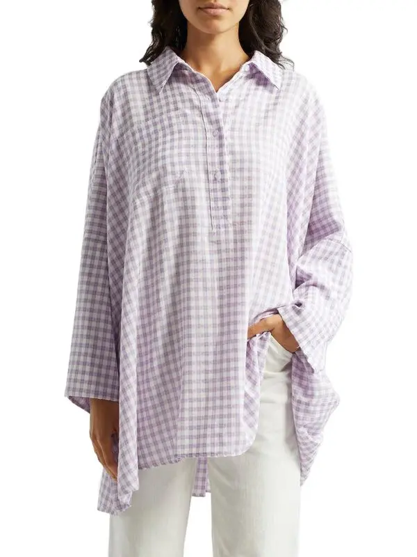 La Vie Style House Gingham Check Oversized Shirt - Purple White