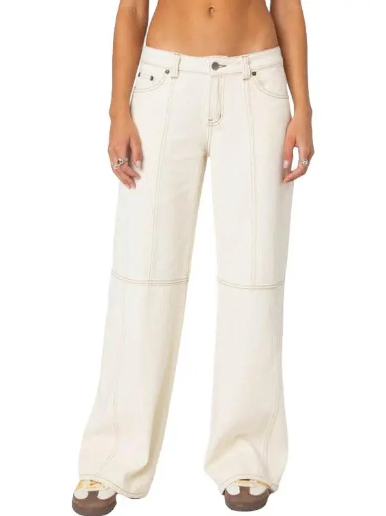 EDIKTED Contrast Stitch Wide Leg Jeans - Cream