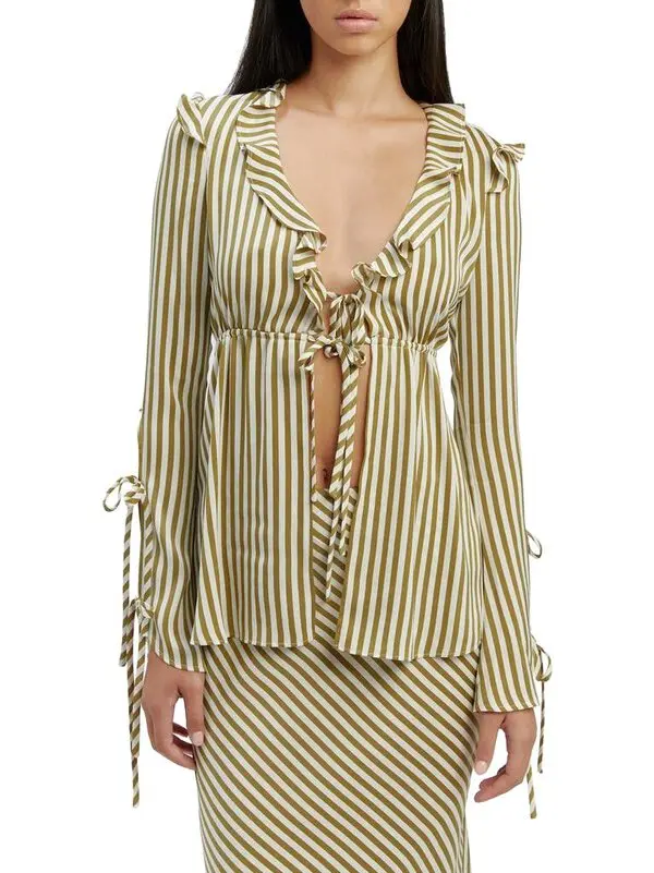 Bardot Dhalia Stripe Frill Top - Green Stripe