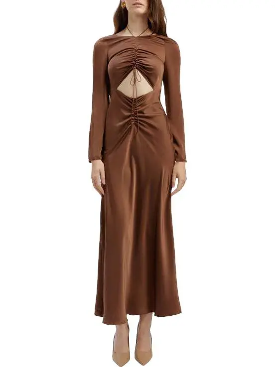 Bardot Daring Ruched Long Sleeve Cutout Midi Dress - Chocolate