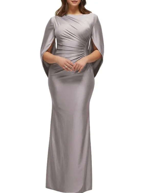 After Six Cape Sleeve Satin Gown - Cashmere Gray