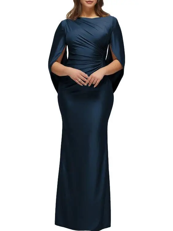 After Six Cape Sleeve Satin Gown - Midnight