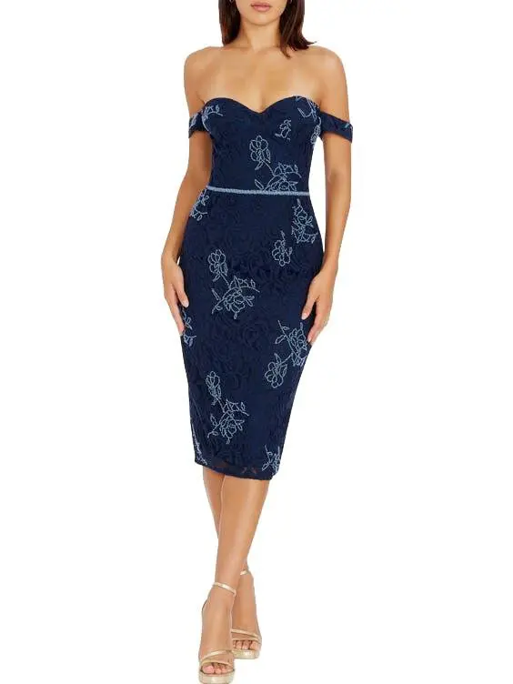 Dress The Population Marietta Beaded Lace Off The Shoulder Cocktail Dress - Navy Multi