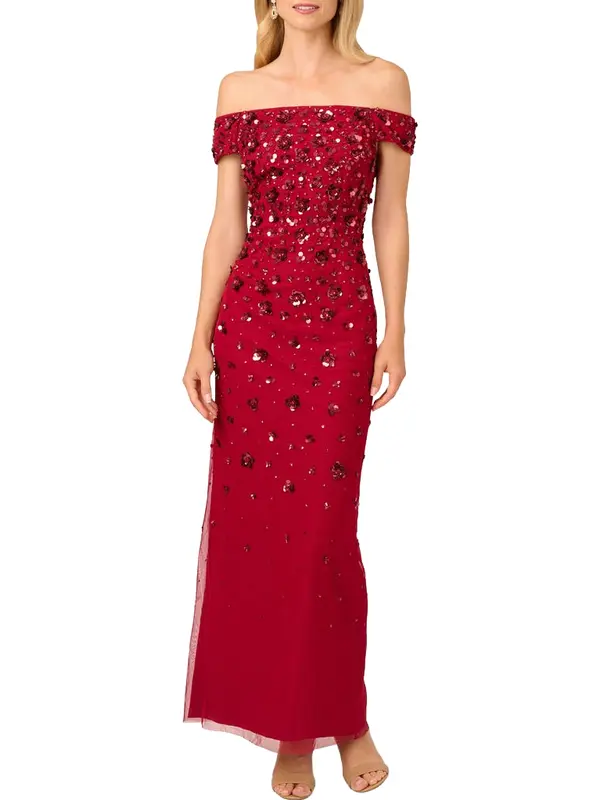 Adrianna Papell Off-the-shoulder Beaded Gown - Cranberry