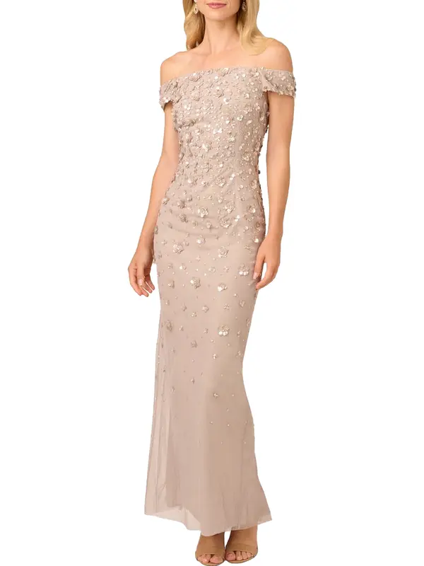 Adrianna Papell Off-the-shoulder Beaded Gown - Marble