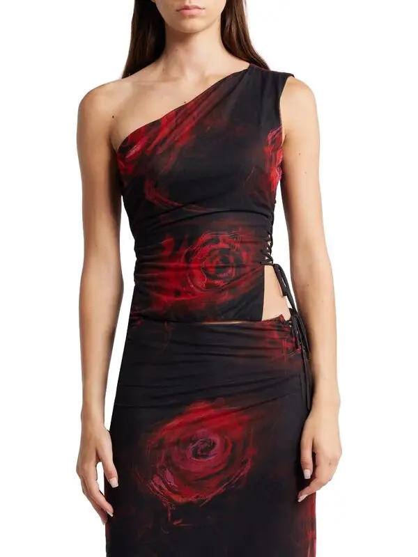 MISTRESS ROCKS Rose One-shoulder Top - Black Rose Print