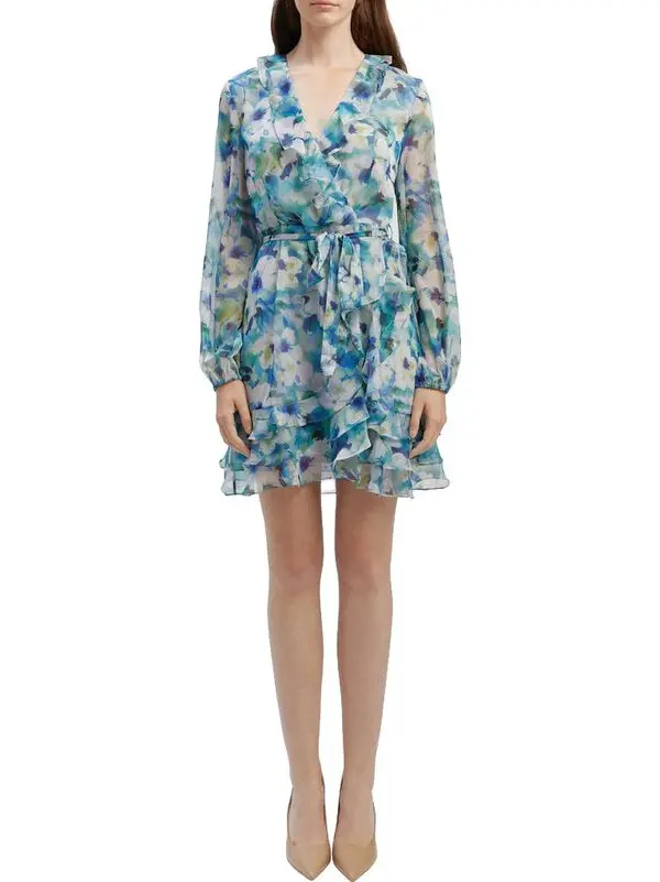 Bardot Ruffle Long Sleeve Faux Wrap Chiffon Minidress - Blue Floral