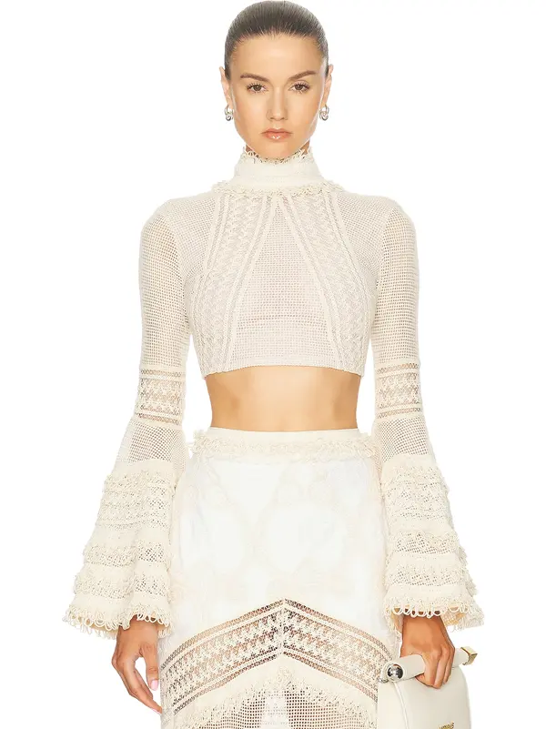 PatBO Woven Bell Sleeve Cropped Top - Wheat