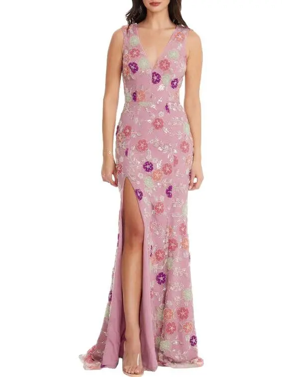 Dress The Population Sandra Floral Beaded Trumpet Gown - Orchid Multi