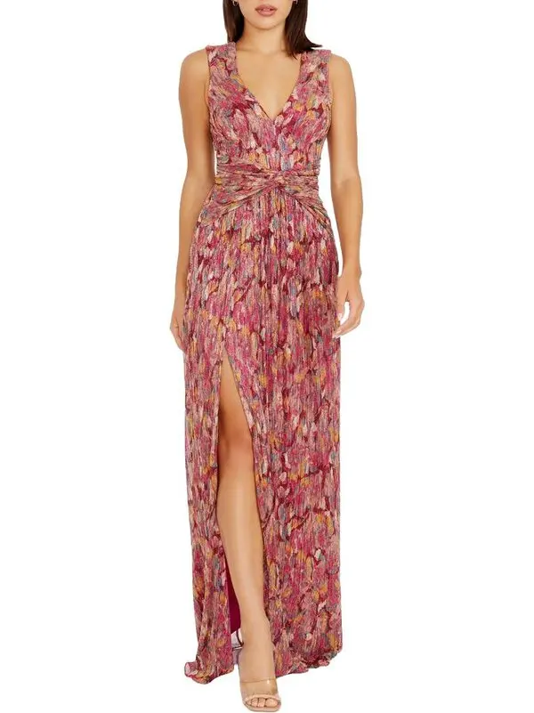 Dress The Population Leanna Print Metallic Gown - Bright Fuchsia Multi