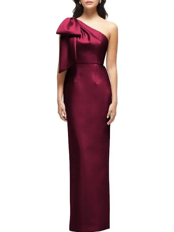 Alfred Sung Bow Detail One-shoulder Gown - Cabernet