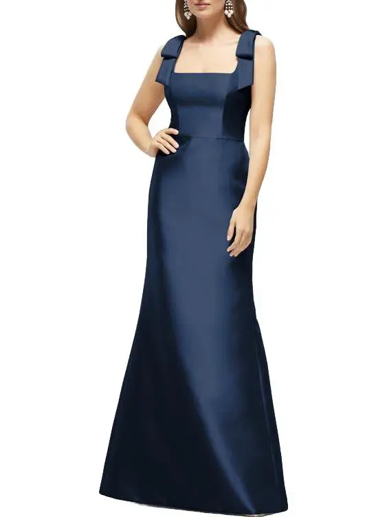 Alfred Sung Bow Strap Satin Twill Trumpet Gown - Midnight