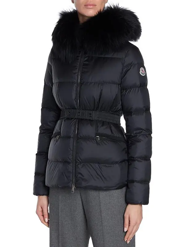 Moncler Boed Belted Down Jacket With Shearling Hood Trim - Black