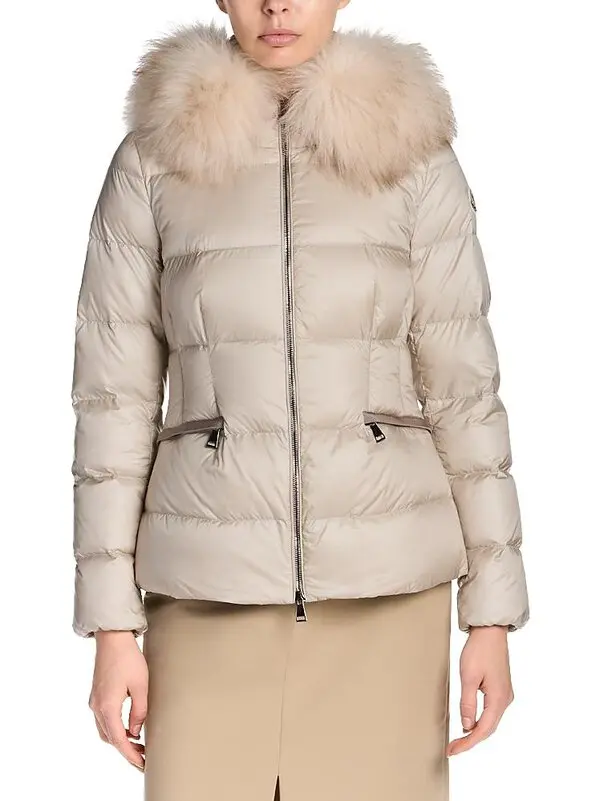 Moncler Boed Belted Down Jacket With Shearling Hood Trim - Miscellaneous