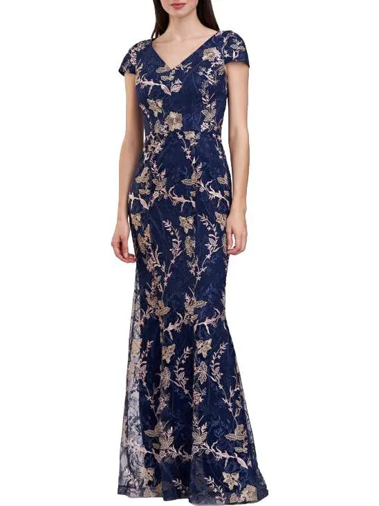Js Collections Zara Embroidered Metallic Mermaid Gown - Navy/ Blush