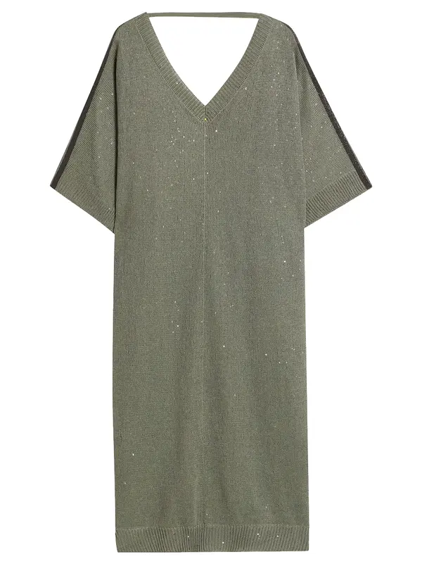 Brunello Cucinelli Embellished Linen-silk Midi Dress - Grey Green