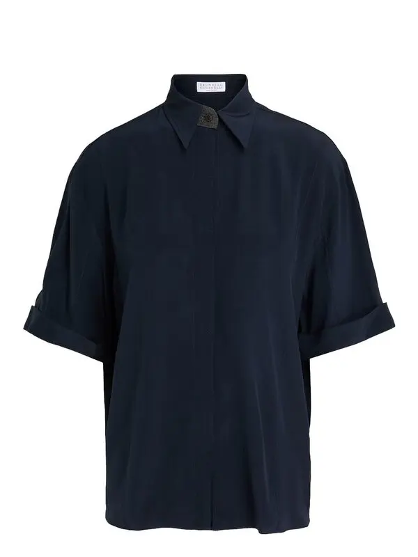 Brunello Cucinelli Bead-embellished Silk Crepe De Chine Shirt - Navy
