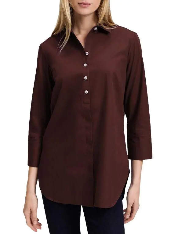 Foxcroft Madison Popover Cotton Oxford Shirt - Chicory Coffee