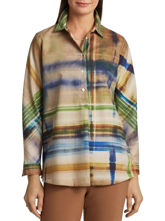 Foxcroft Delia Painterly Stripe Cotton Shirt - Blue Multi