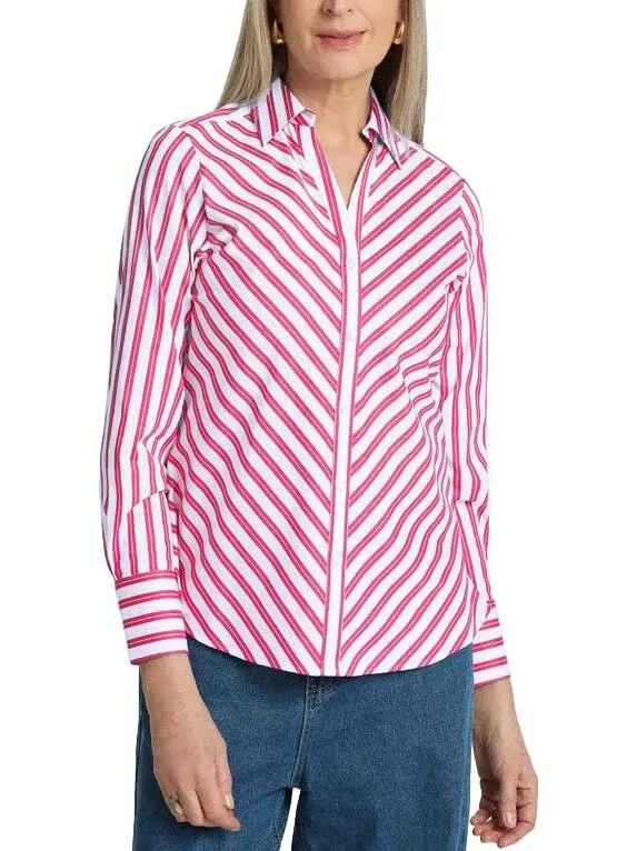 Foxcroft Mary Stripe Cotton Blend Shirt - Ruby Pink/ White