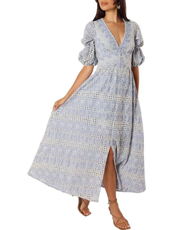 PETAL & PUP Tani Eyelet Puff Sleeve Maxi Dress - Blue
