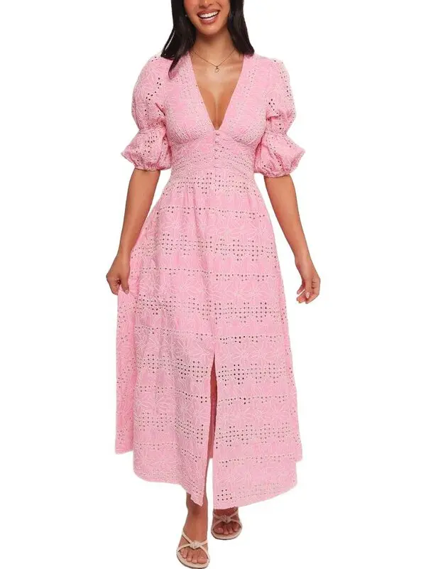 PETAL & PUP Tani Eyelet Puff Sleeve Maxi Dress - Pink