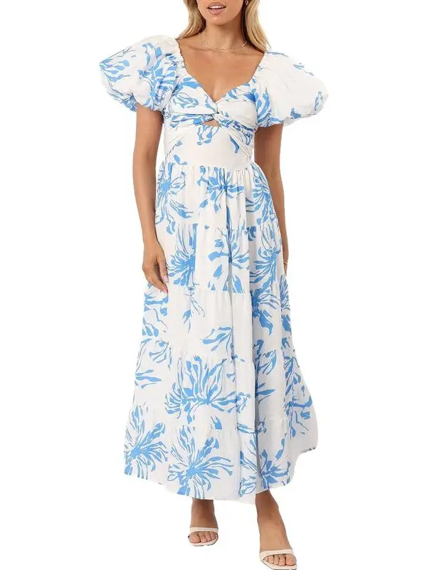 PETAL & PUP Dominique Puff Sleeve Tiered Midi Dress - Blue Floral Print