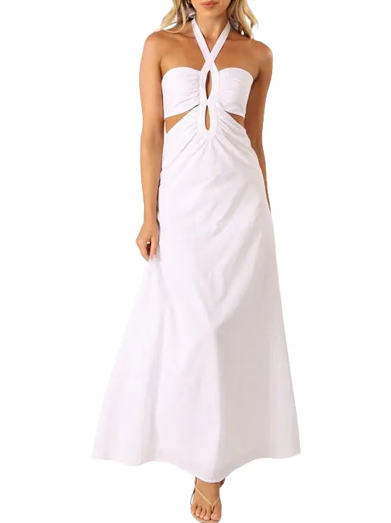 PETAL & PUP Kallos Cutout Cotton Halter Maxi Dress - White
