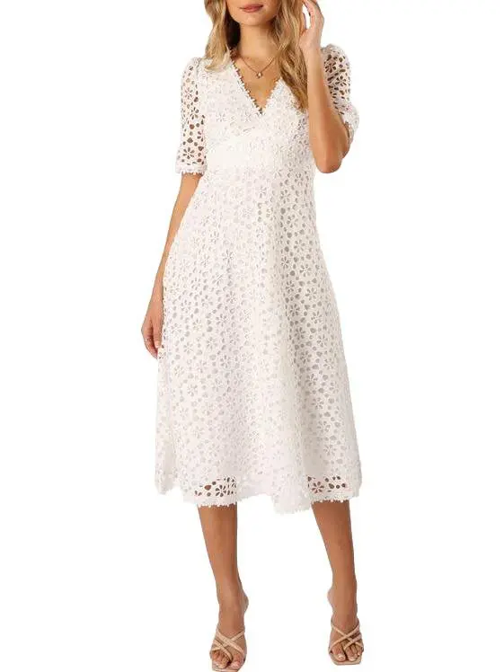 PETAL & PUP Camellia Floral Eyelet Cotton Midi Dress - White