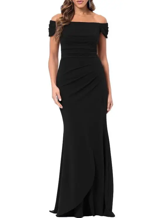 XSCAPE EVENINGS Ruched Off-the-shoulder Trumpet Gown - Black