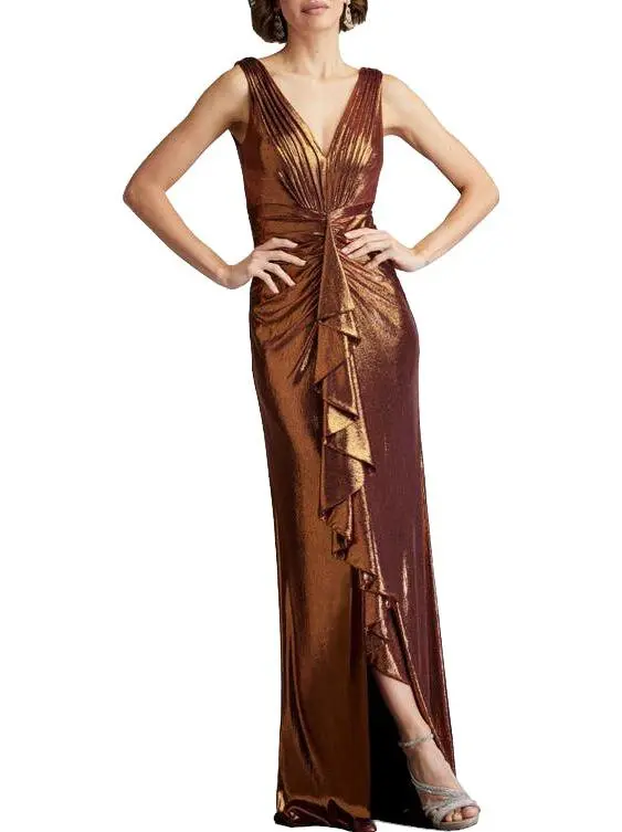 Tadashi Shoji V-neck Metallic Gown - Copper