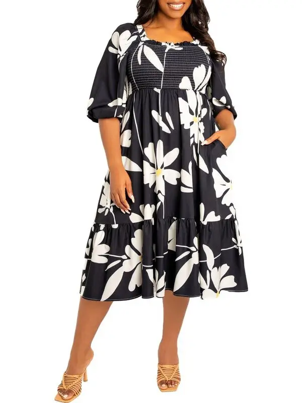 BUXOM COUTURE Floral Smocked Midi Dress - Black Multi