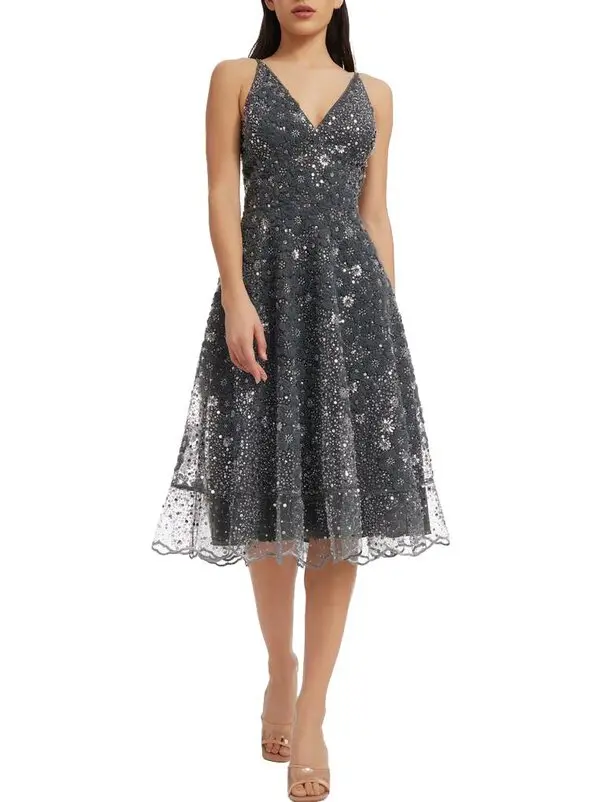 Dress The Population Elisa Sequin Floral Lace Cocktail Midi Dress - Steel