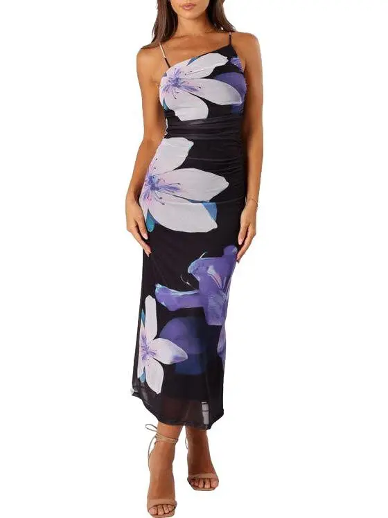 PETAL & PUP Jasmine Asymmetric Neck Maxi Dress - Black Floral