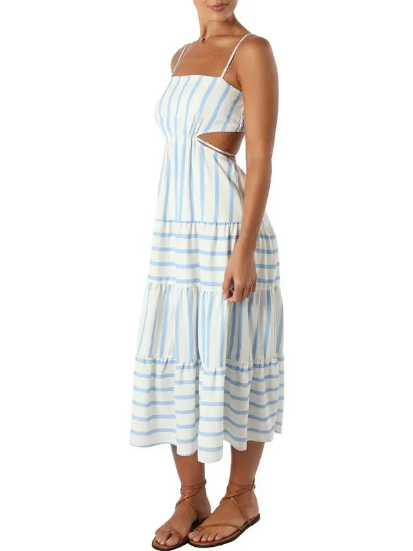 PETAL & PUP Evelin Stripe Cutout Midi Dress - Blue Stripe