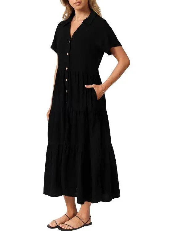 PETAL & PUP Natalya Linen Midi Shirt Dress - Black