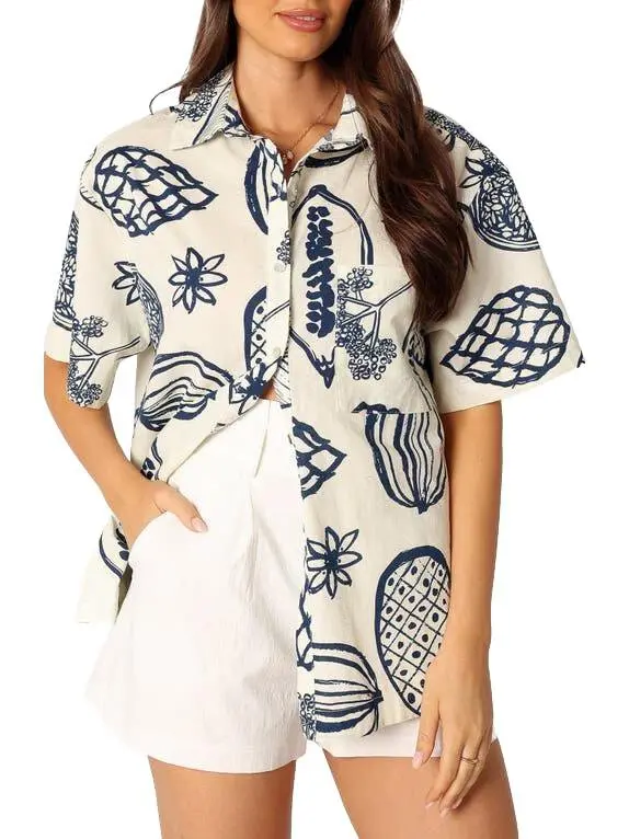 PETAL & PUP Zayd Botanical Print Short Sleeve Shirt - Navy