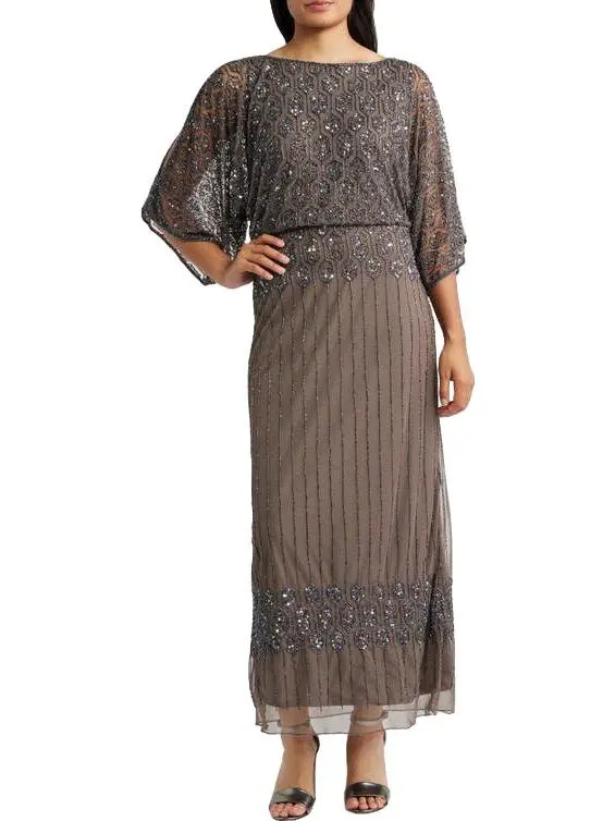 Pisarro Nights Beaded Blouson Split Sleeve Gown - Aluminum