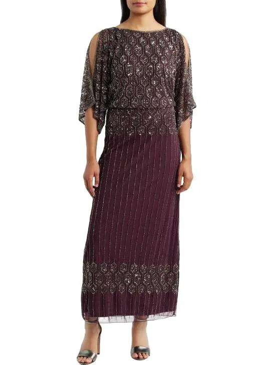Pisarro Nights Beaded Blouson Split Sleeve Gown - Wine
