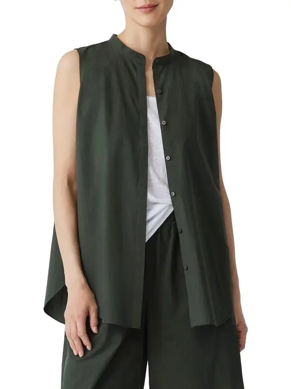 Eileen Fisher Sleeveless Organic Cotton Band Collar Shirt - Seaweed