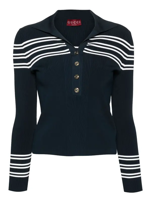 Gucci Striped Ribbed-knit Polo Top - Blue