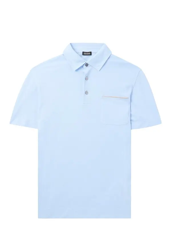 Zegna Slim-fit Leather-trimmed Cotton-piqué Polo Shirt - Blue